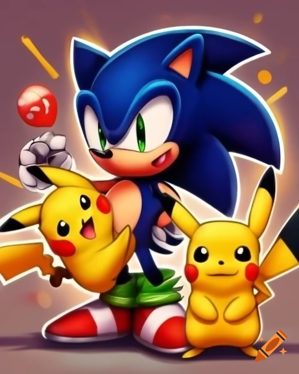 Sonic the Hedgehog and Pikachu together in a dynamic pose on Craiyon