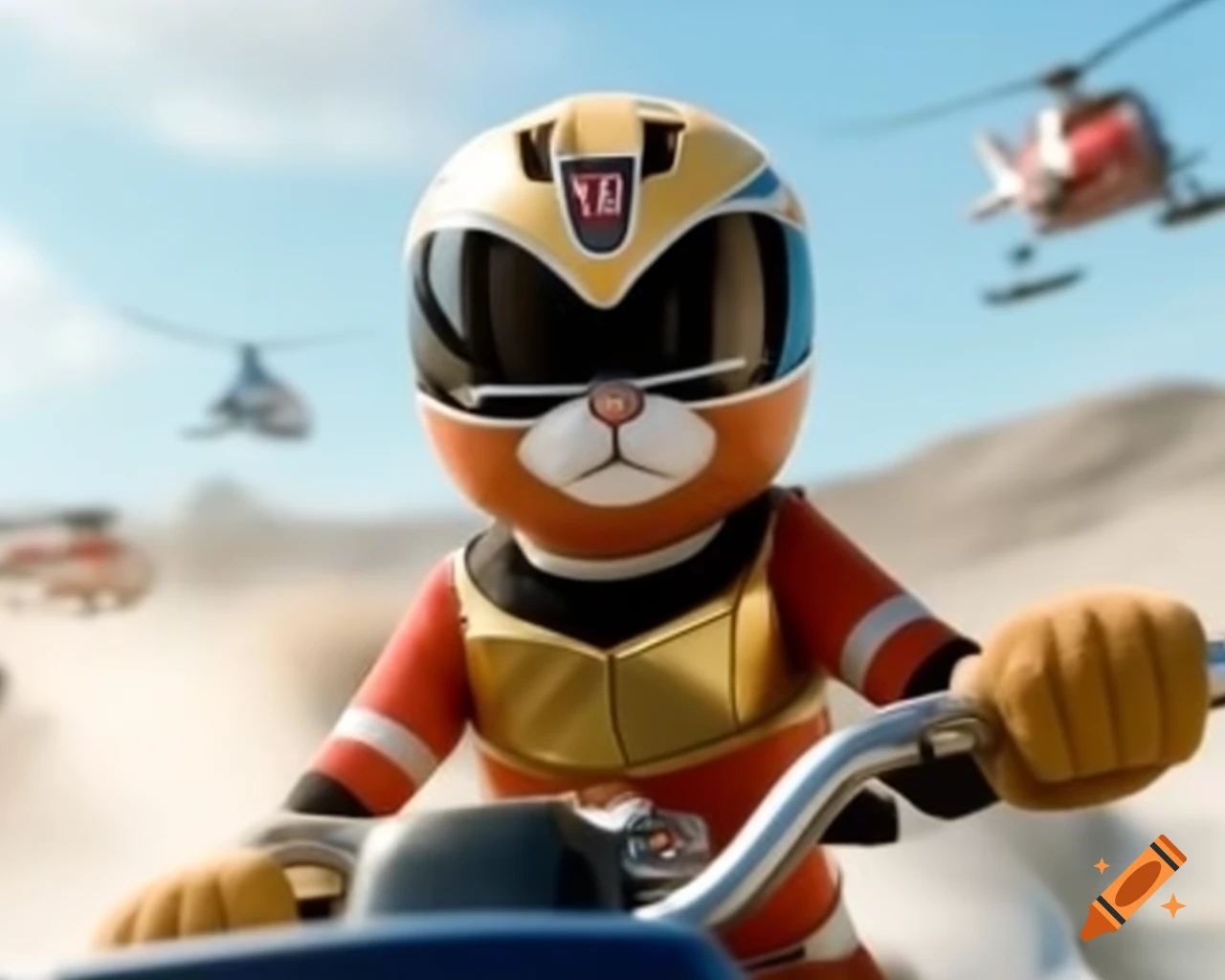 Anthropomorphic kitten in Power Ranger helmet racing snowmobile ...