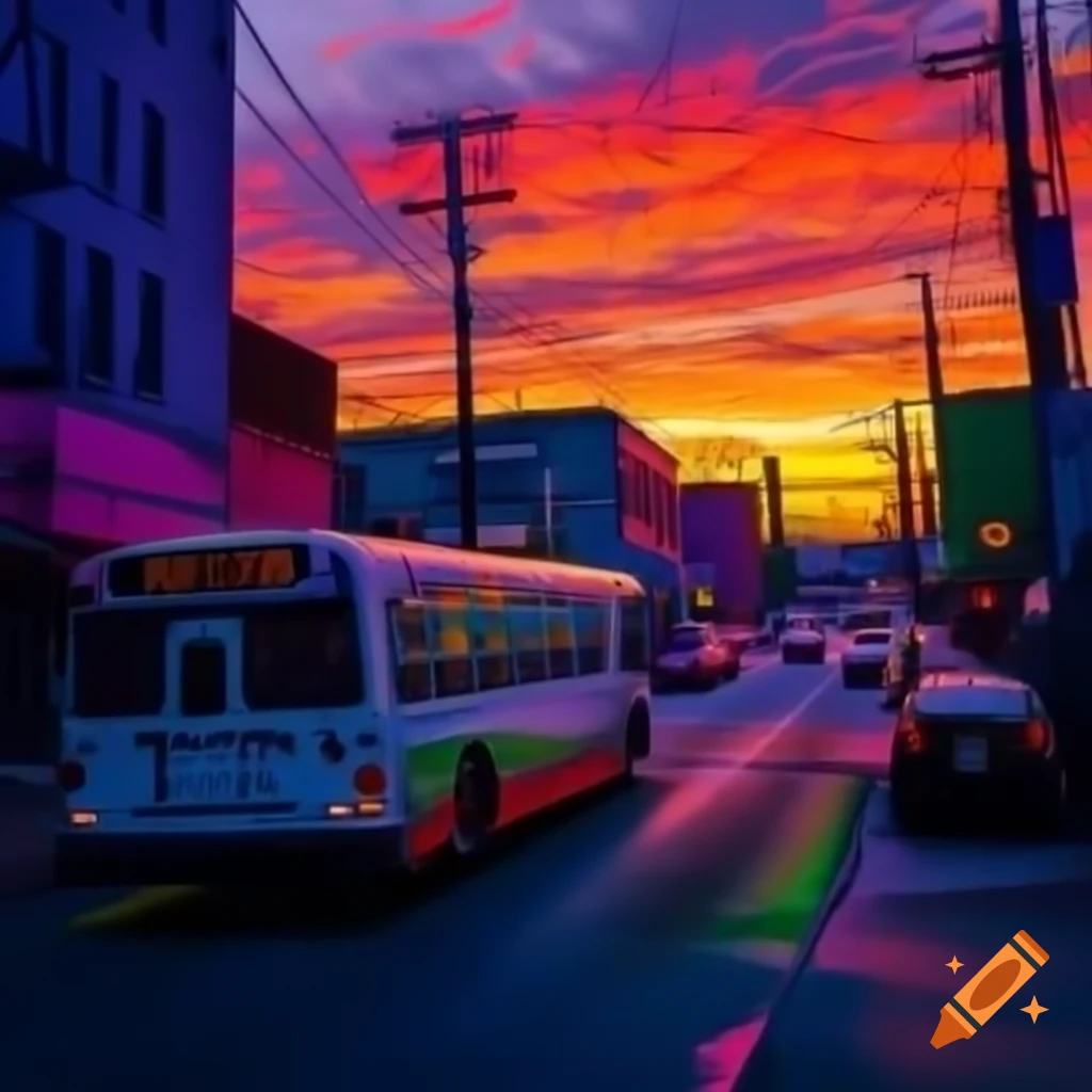 Vibrant city ghetto in rainbow colors under a sunset with a bus on Craiyon