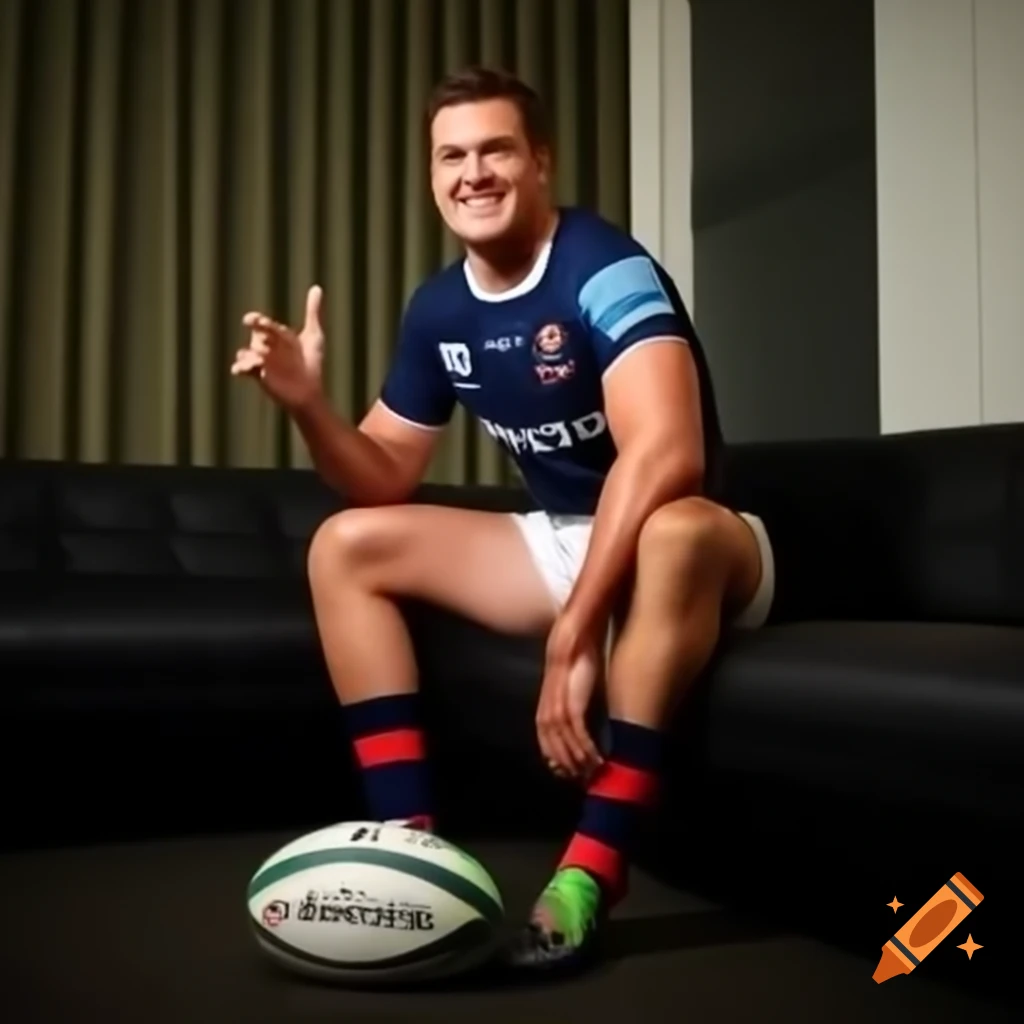Smiling rugby player in uniform pointing from couch on Craiyon