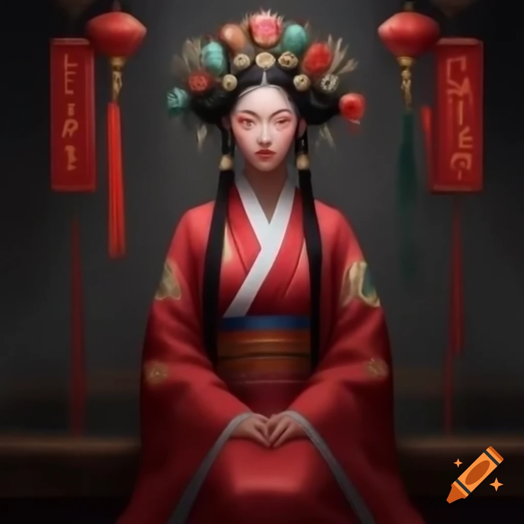 Exotic beauty in crimson skirt and embroidered red robe on Craiyon