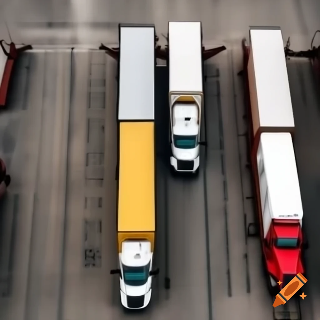 Top view of trucks at cargo depot loading area, colorful vehicles and ...