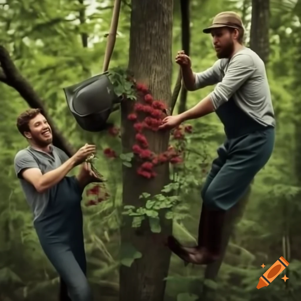 Two men picking raspberries from a tree in the forest on Craiyon