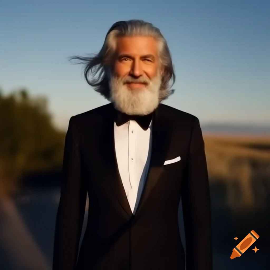 Elegant man with long gray beard in tuxedo walking during golden hour on Craiyon