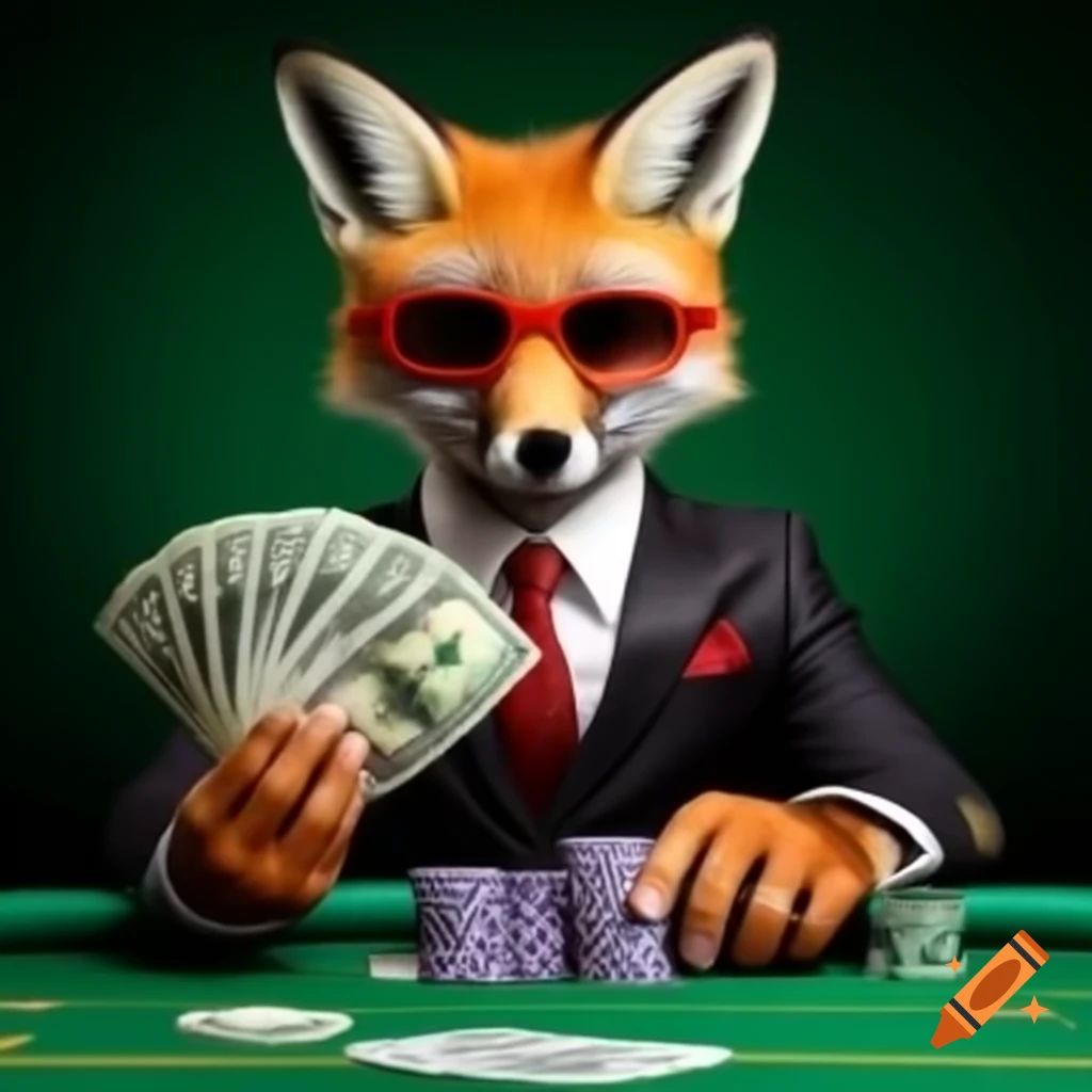 Fox in a suit carrying money bag and poker chips on Craiyon