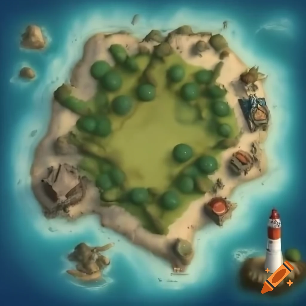 Old map of island featuring mountain, jungle, lighthouse, ancient ...