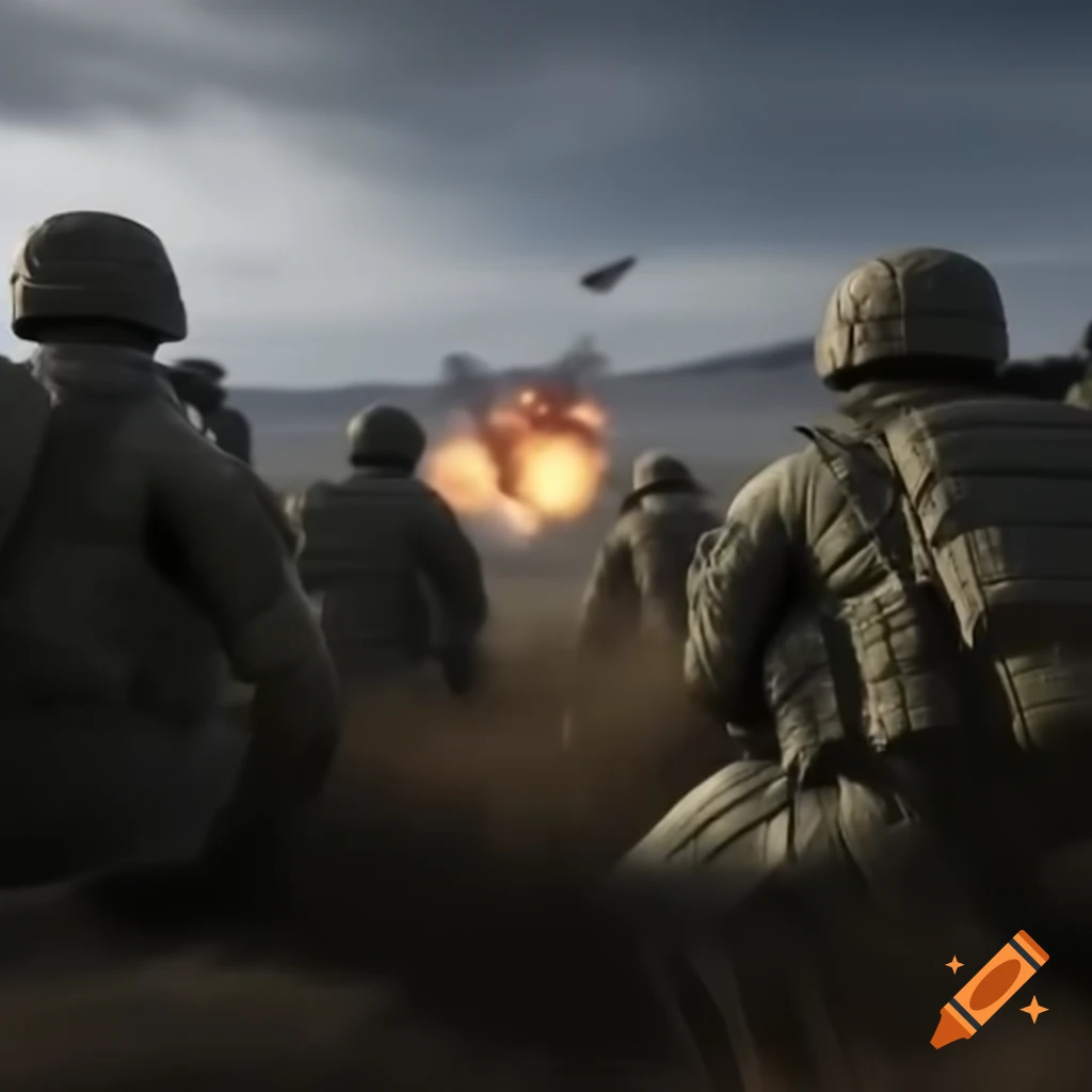 Overhead view of controlled detonation with soldiers crouching on Craiyon