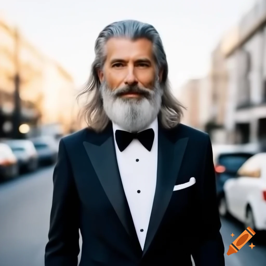 Elegant man in tuxedo with long gray beard walking during golden hour on Craiyon