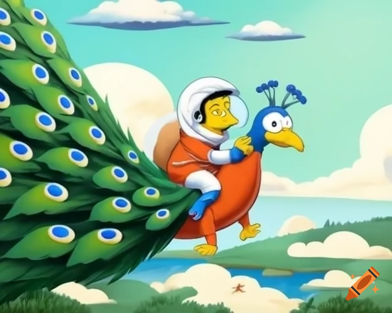 Astronaut riding a giant peacock in Simpsons cartoon style on Craiyon