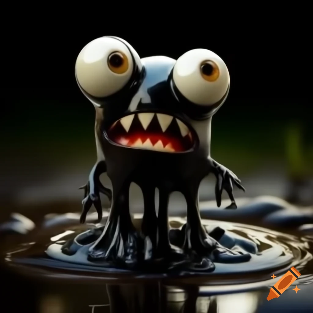 Monster made of black goo with three eyes emerging from goo puddle on ...