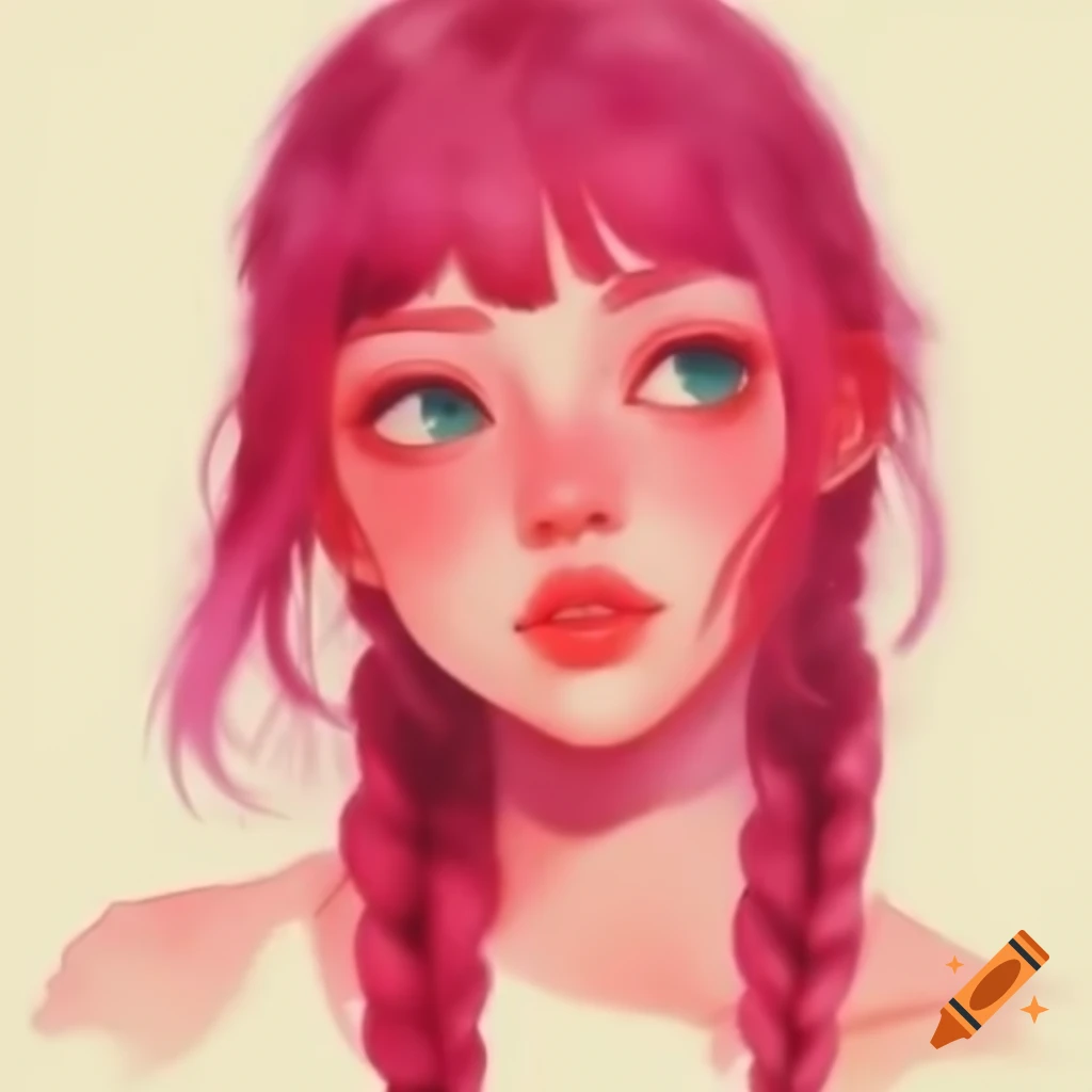Woman with raspberry braided hair in retro anime style, watercolor ...