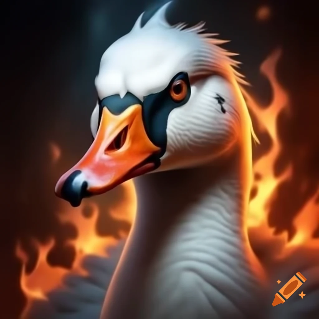 Cartoon portrait of an angry white goose with furrowed brow on Craiyon