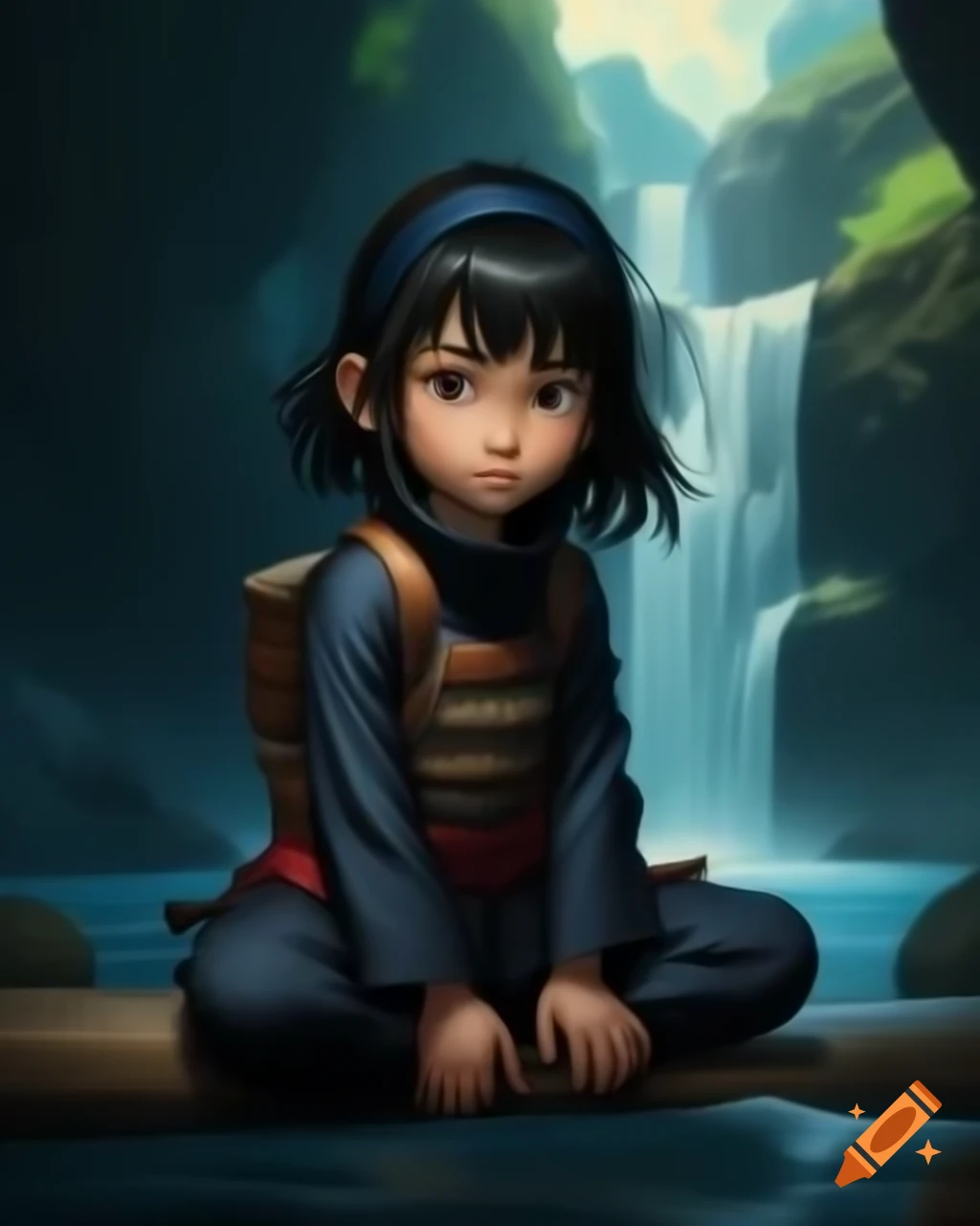 Ninja girl sitting under waterfall in anime style on Craiyon