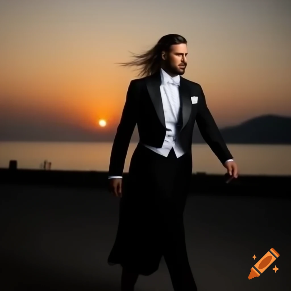 Ultraskinny man in tuxedo walking with a smirk during golden hour on Craiyon