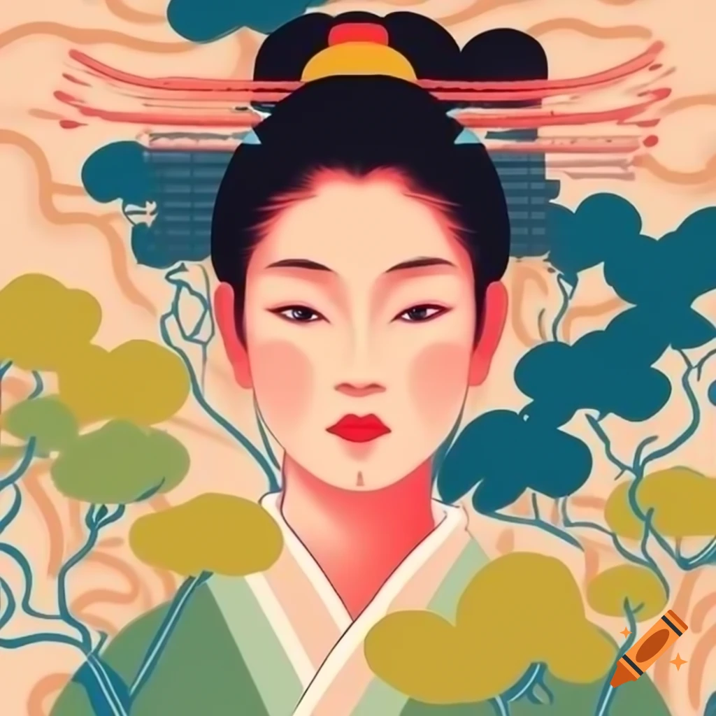 Woman in nature depicted in flat saturated colors, woodblock style on ...