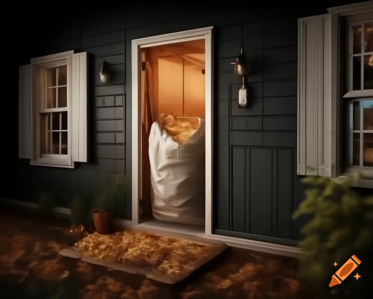 Hyper realistic LAYS WAVY chips packet outside open house door at night ...