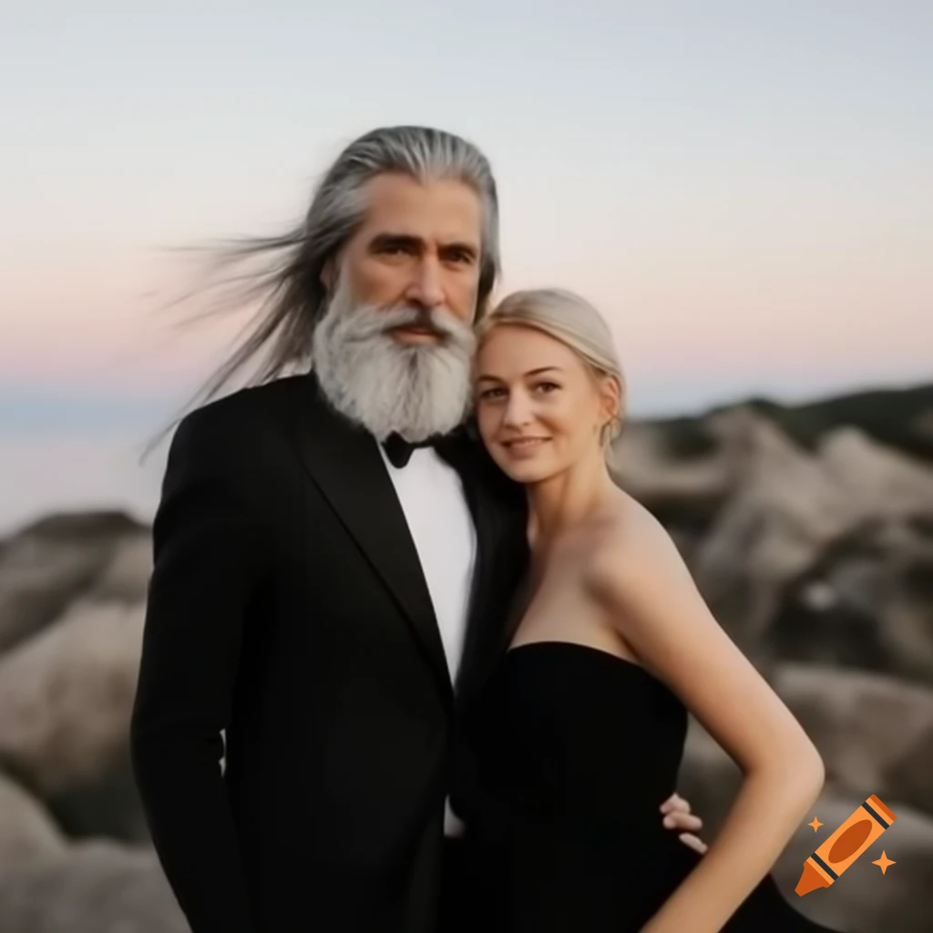 Couple at Cote d'Azur during golden hour, man with long gray beard in tuxedo, woman in black ...