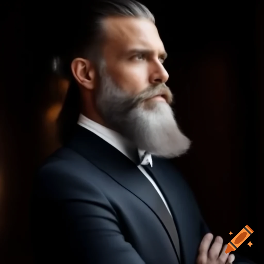 Profile of 50-year-old investment banker in tailored suit with beard ...