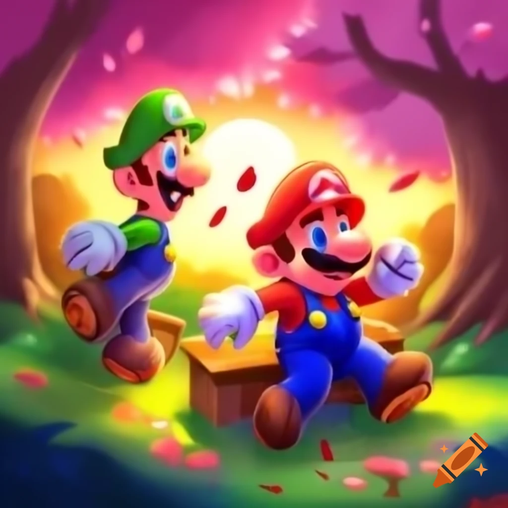 Mario and Luigi in garden under cherry trees at sunset with falling ...
