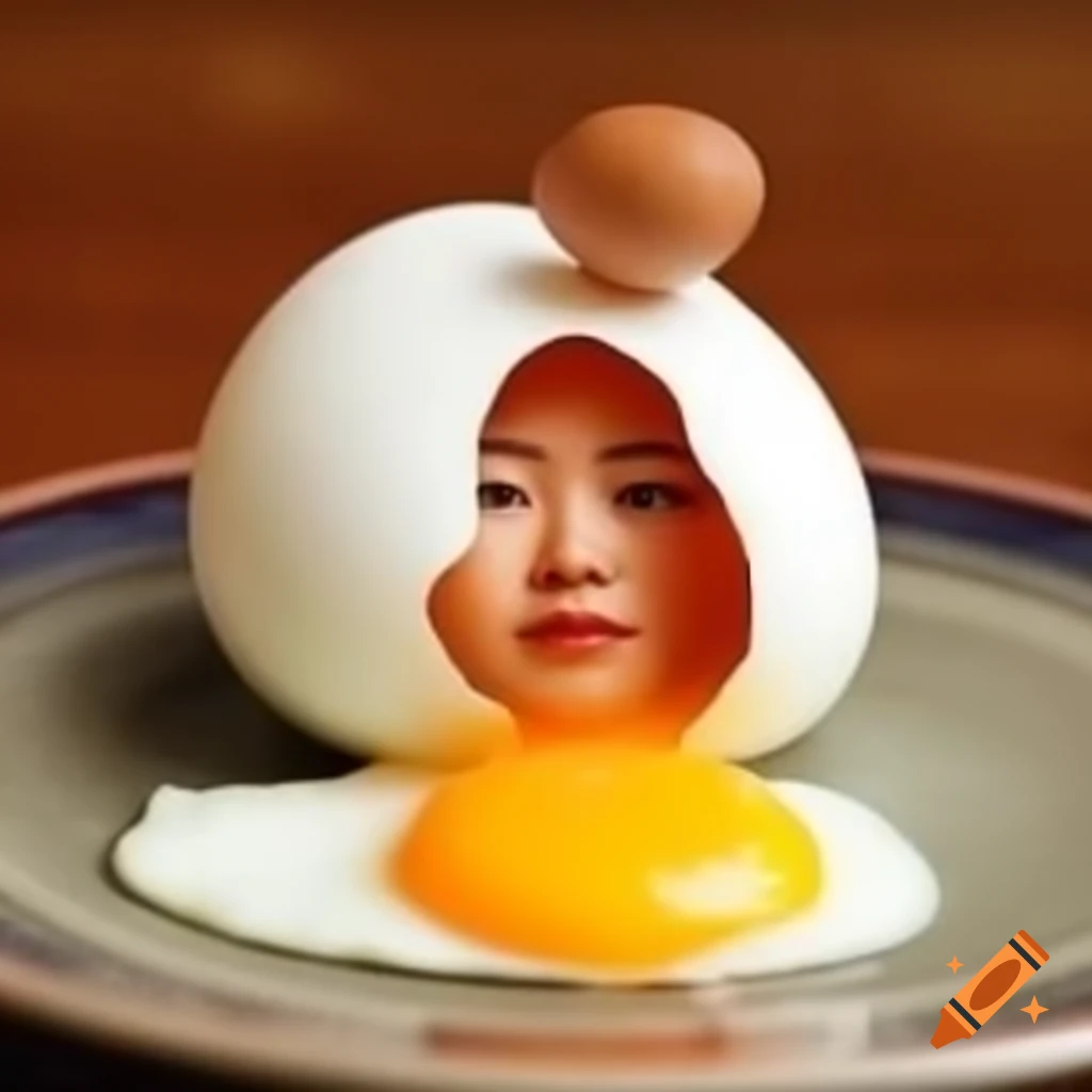Fried egg creatively depicting an Asian lady in place of the yolk on ...
