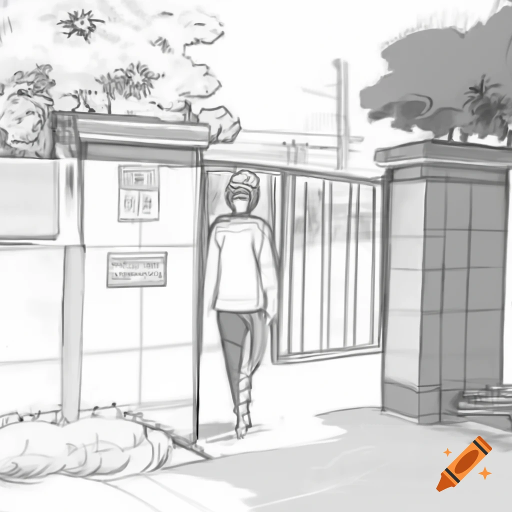 Anime students entering exam hall gate in storyboard sketch style on ...