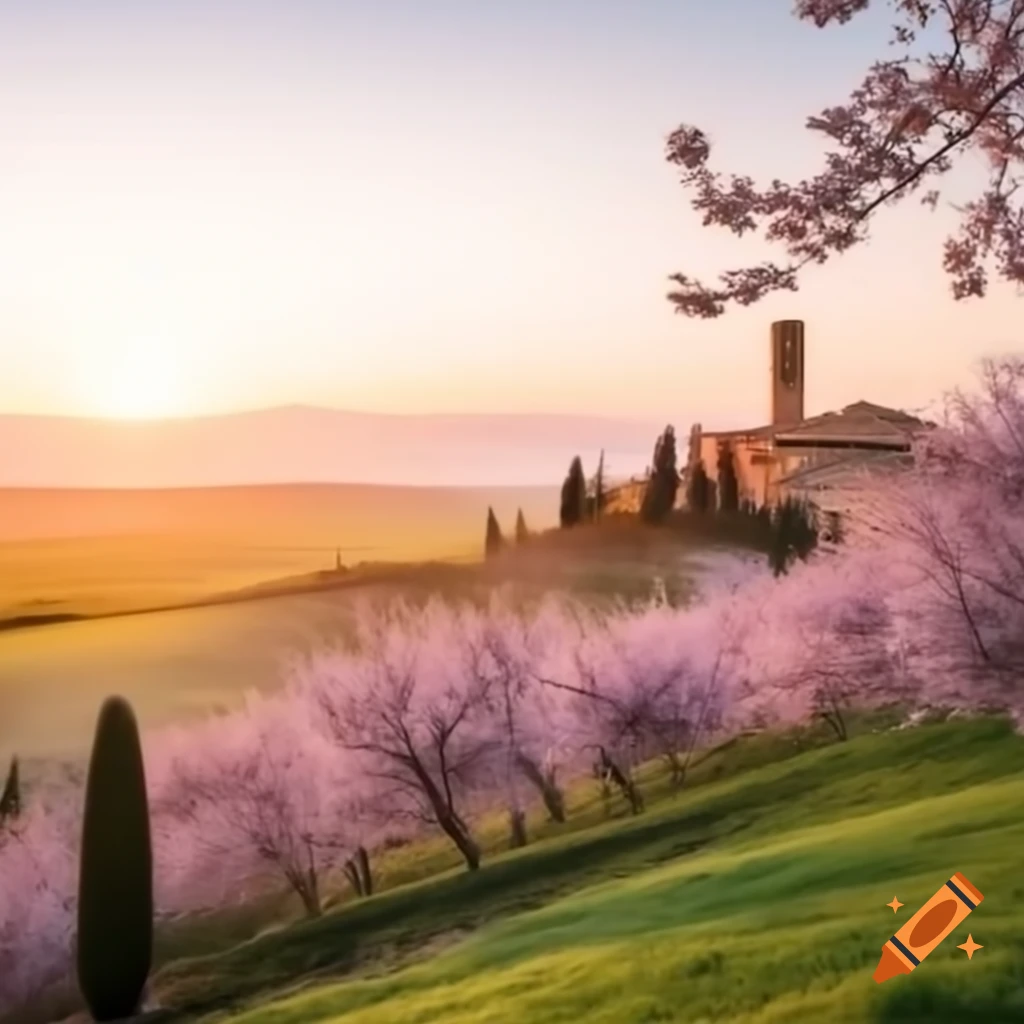 Golden hour scene in Tuscany with cherry blossoms and a dancing figure ...