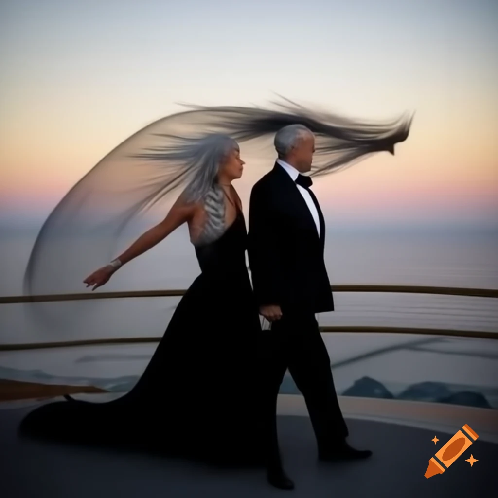 Couple in tuxedo and gown in Monaco during golden hour on Craiyon