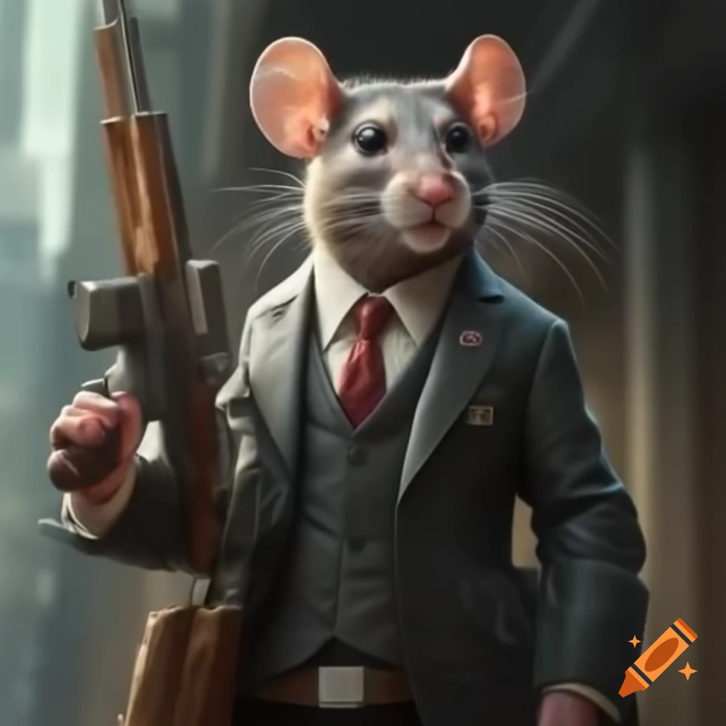 Anthropomorphic rat in a suit with a sniper rifle on a building on Craiyon