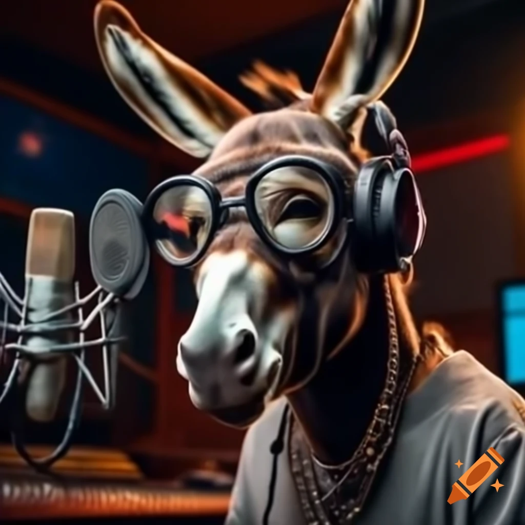 Donkey in studio wearing headphones and hat, recording rap music on Craiyon