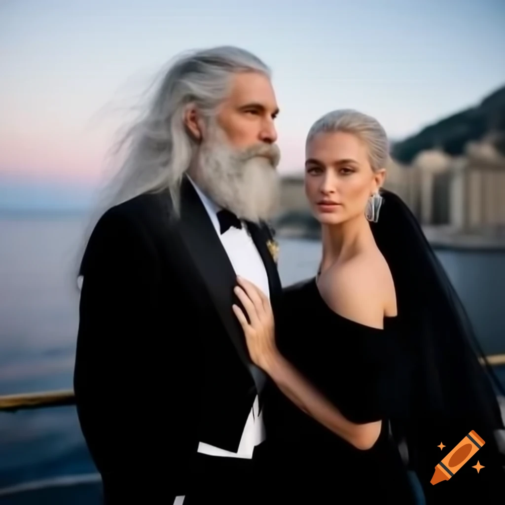 Couple in tuxedo and gown in Monaco during golden hour on Craiyon