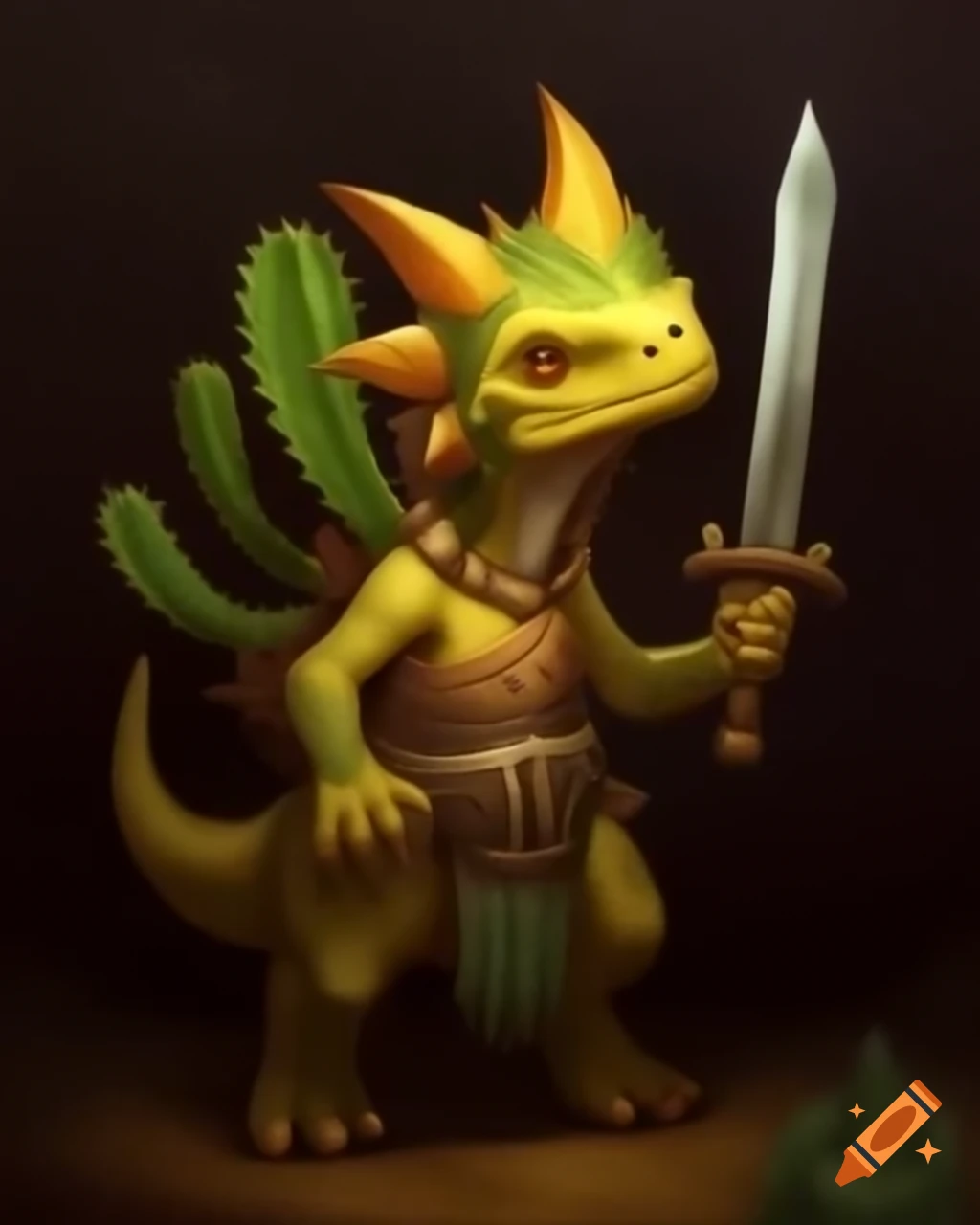 Anthropomorphic yellow dinosaur warrior with cactus sword in dark ...