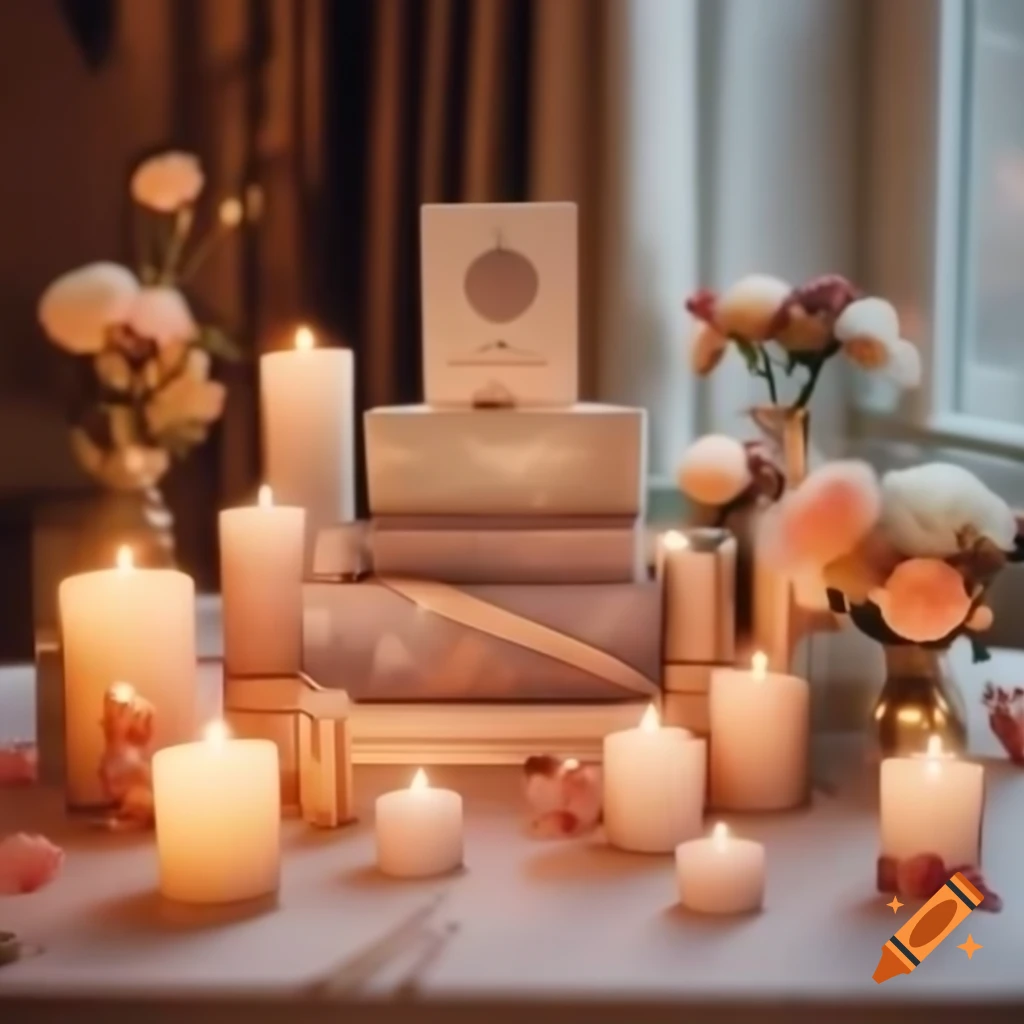 Celestial-themed wedding gift display with flowers, candles, and books ...