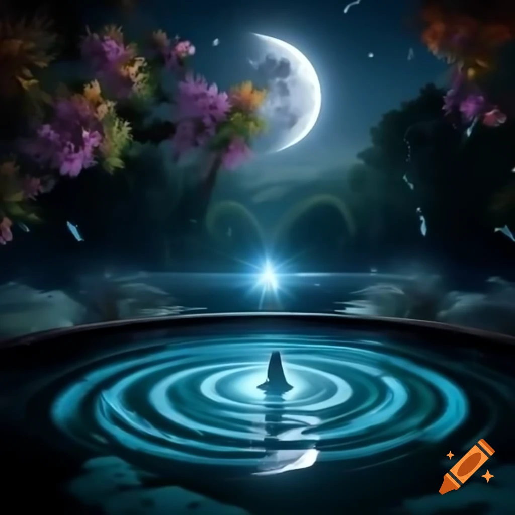 Photorealistic glade with liquid moonlight pool and glowing ancient ...