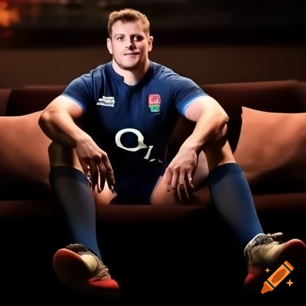 Relaxed England rugby player on sofa after match, slightly muddy and ...