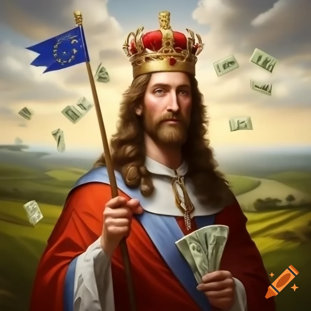 King with crown walking in countryside holding money and ID card behind ...