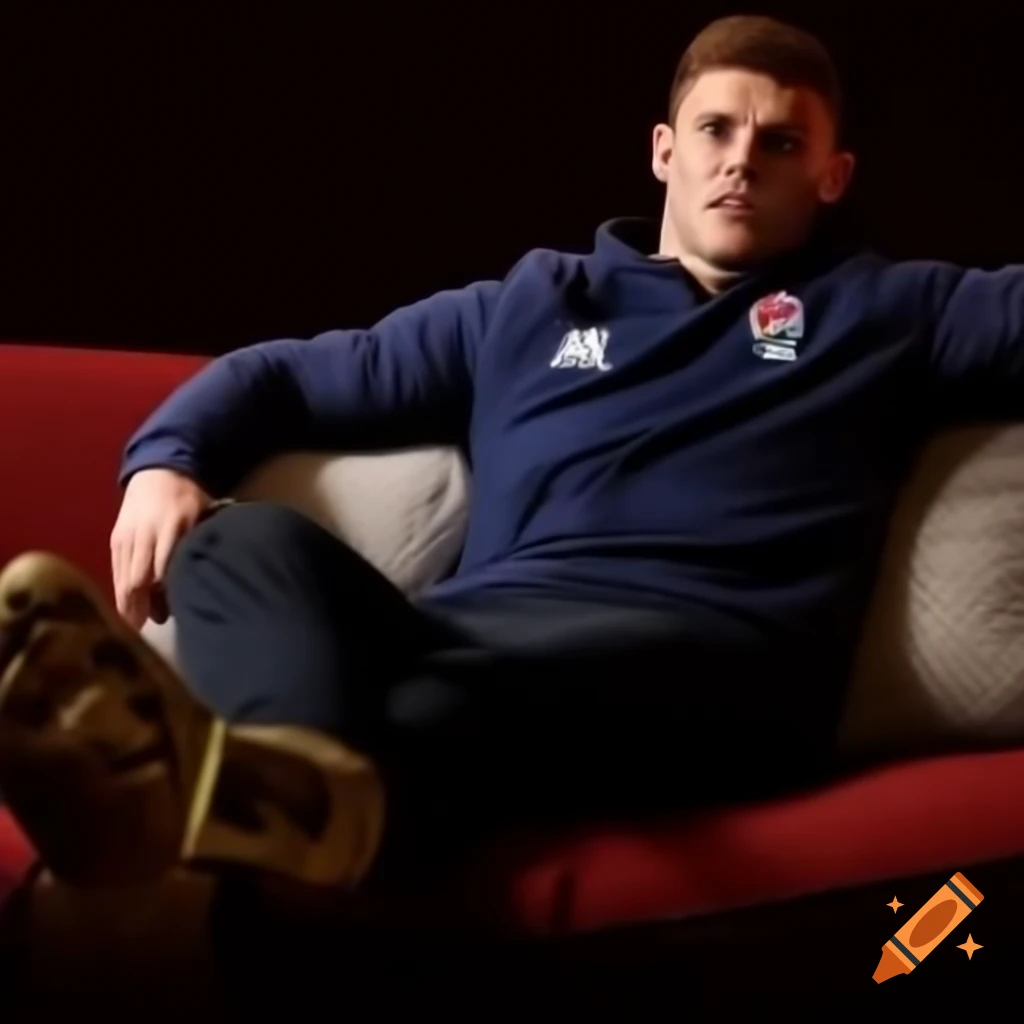 Relaxed England rugby player on sofa after match, slightly muddy and ...