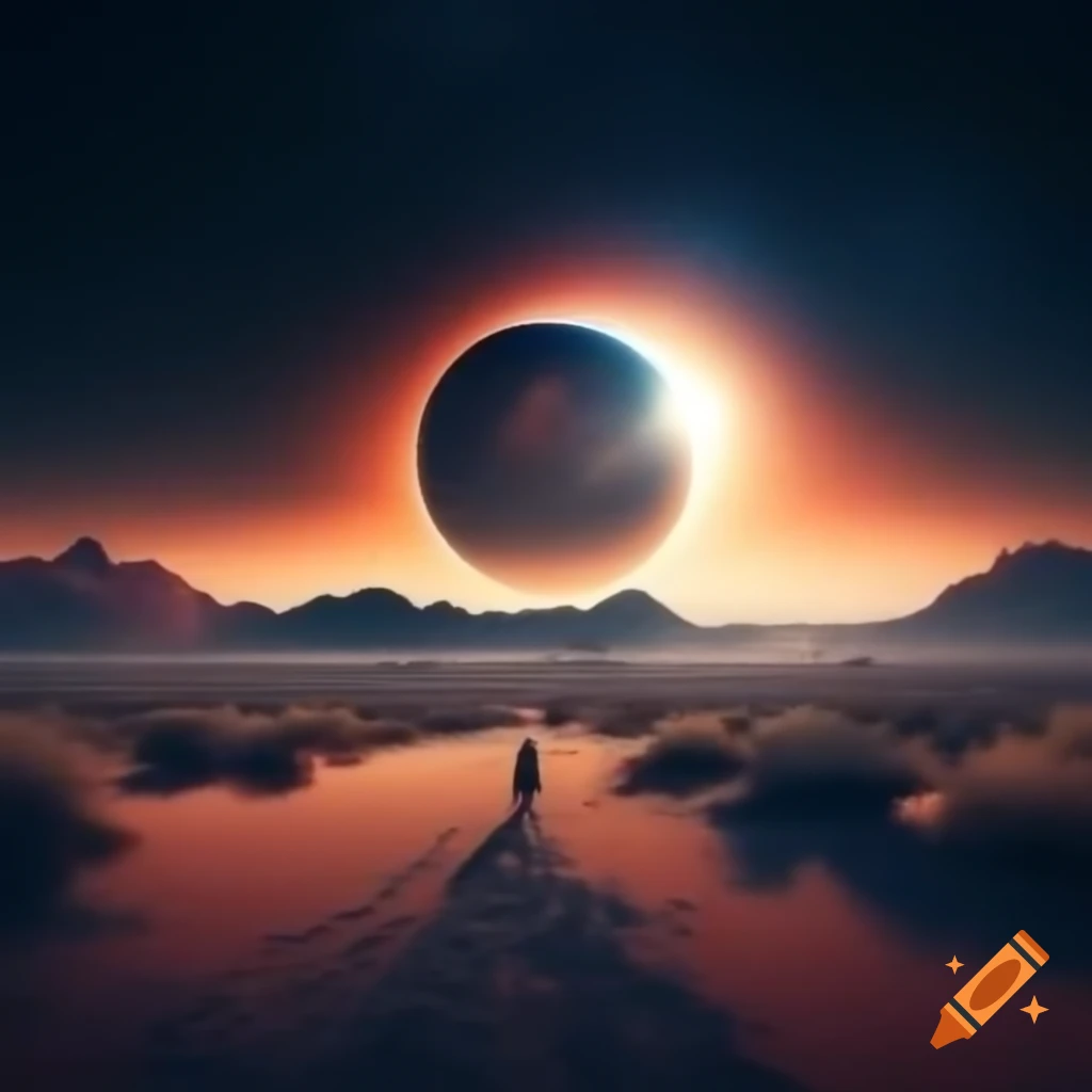 Desert landscape during a full solar eclipse with a lone strider on Craiyon