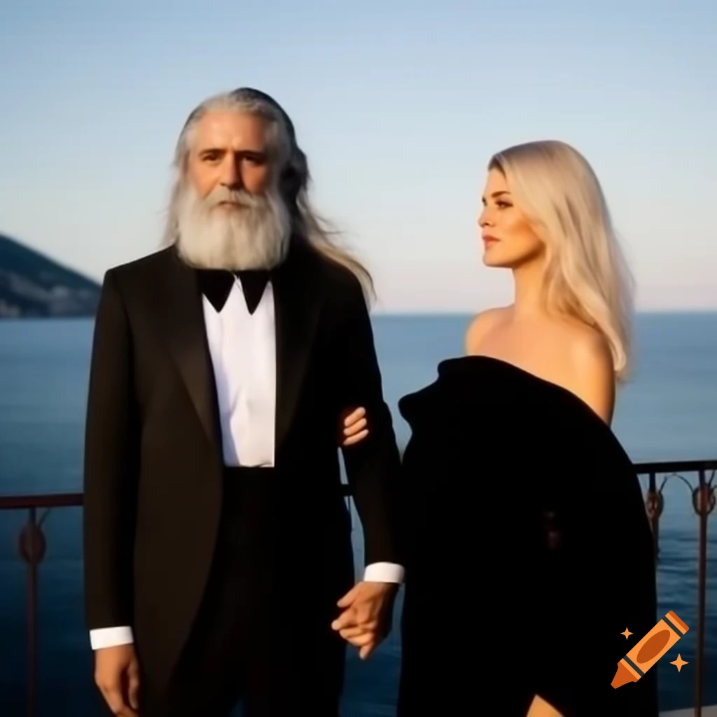 Couple in tuxedo and gown in Monaco during golden hour on Craiyon
