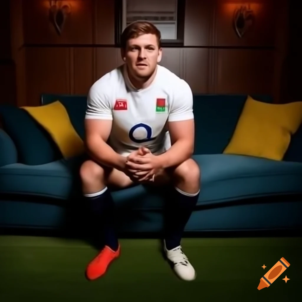 England rugby player relaxing at home after match, feet up on stool on ...