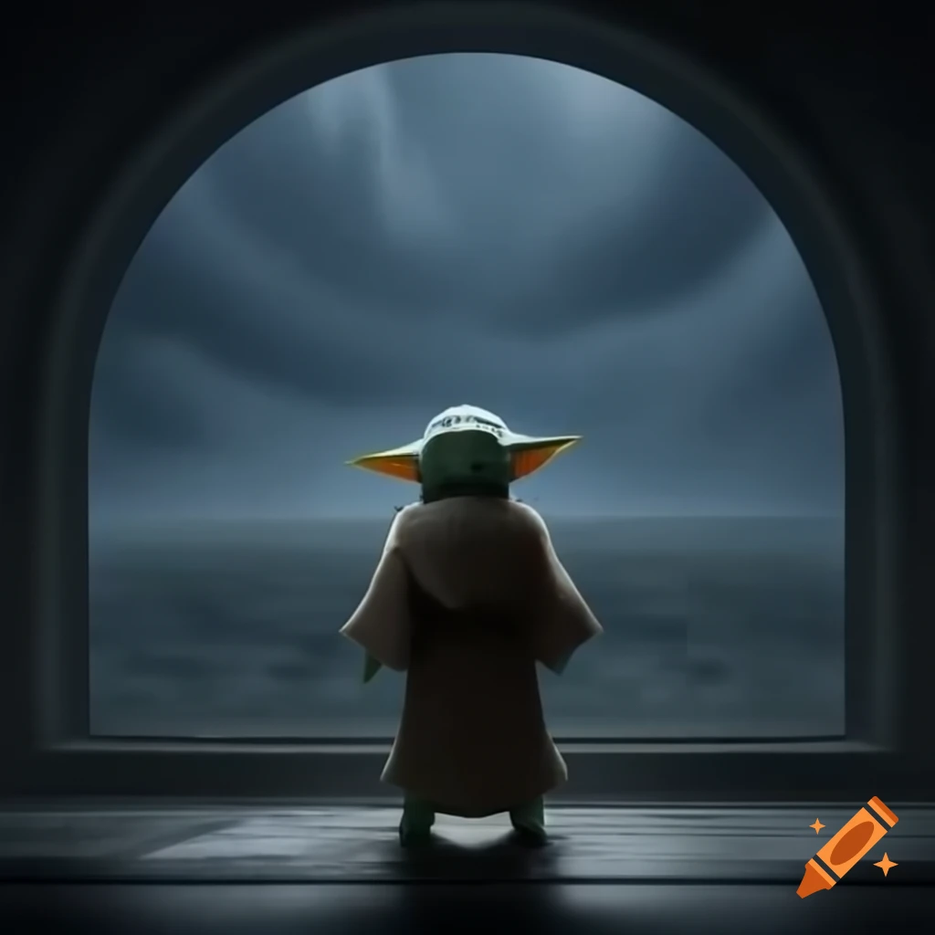 Master Yoda standing in Jedi temple looking out at rainy city filled ...