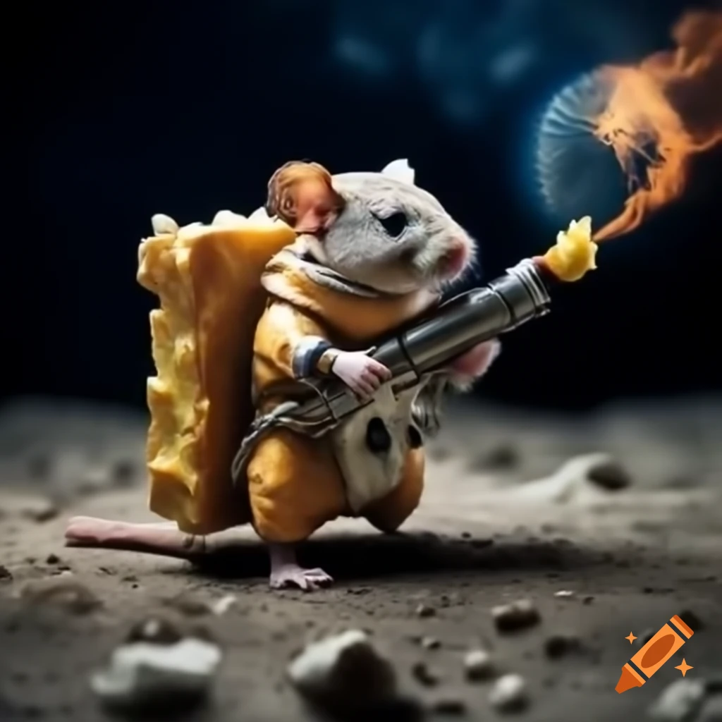 Mouse astronaut firing cheese from the moon towards Earth on Craiyon