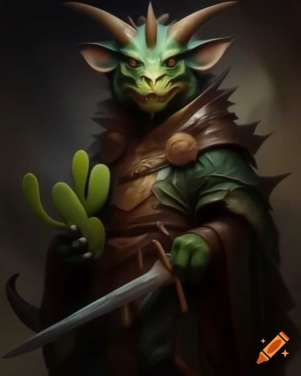 Anthropomorphic dinosaur warrior with cactus sword in dark fantasy art ...