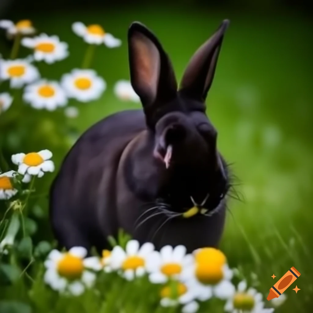 Black bunny rabbit eating daisies in a rose garden on Craiyon