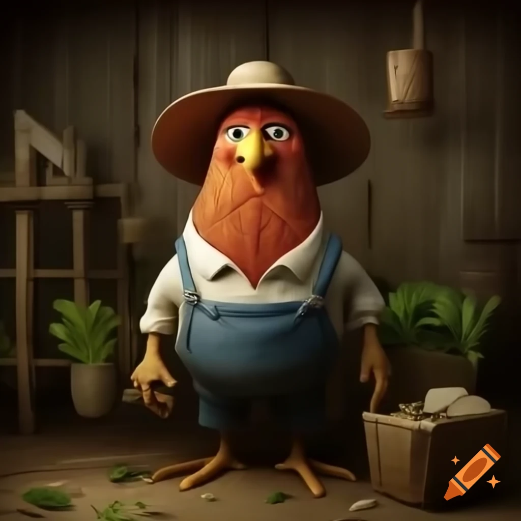 Farmer returning home with hen reacting dramatically and sarcastically ...