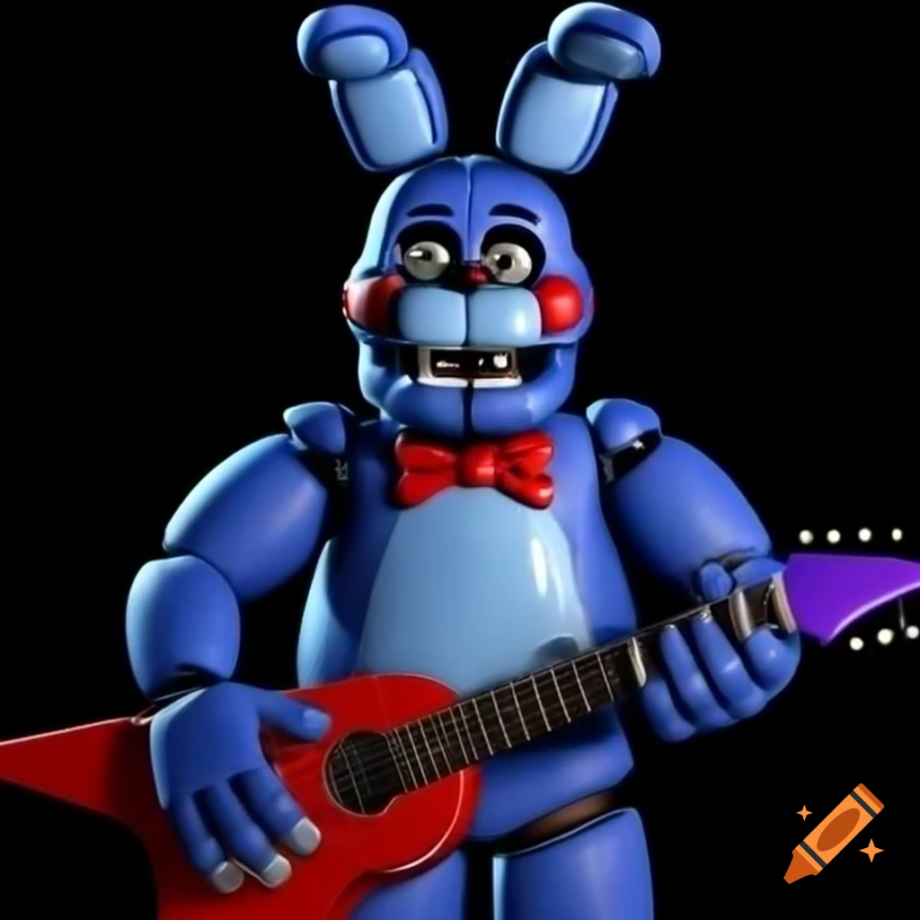 Animatronic blue bunny with red bow holding a guitar on Craiyon