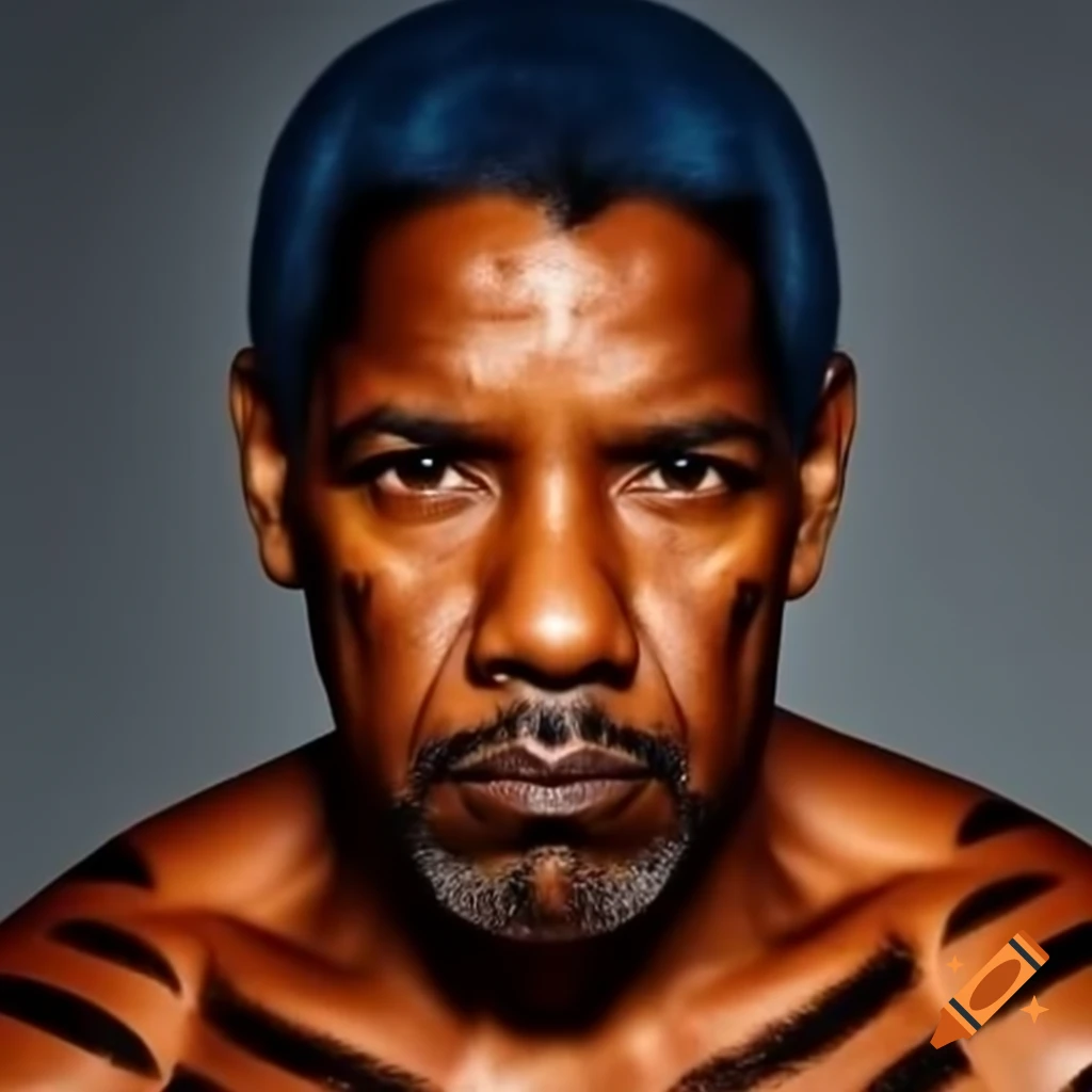 Muscle-bound character with tiger-style makeup featuring blue hair and ...