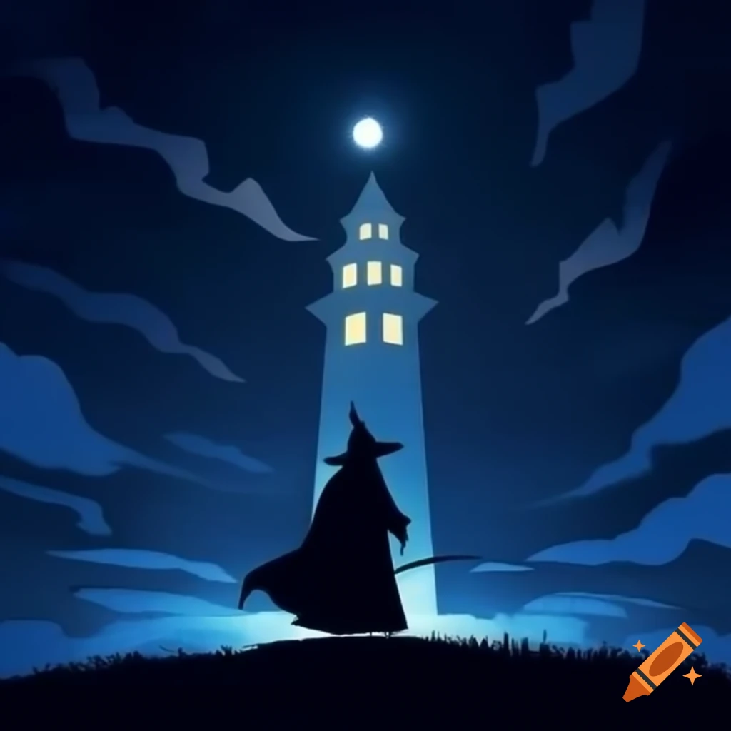 Silhouette of wizard beside illuminated tower gazing at starry night ...
