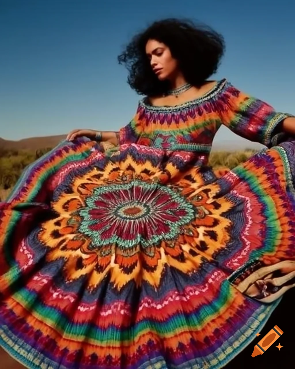 Woman in colorful mandala dress with floral patterns, pop fashion ...