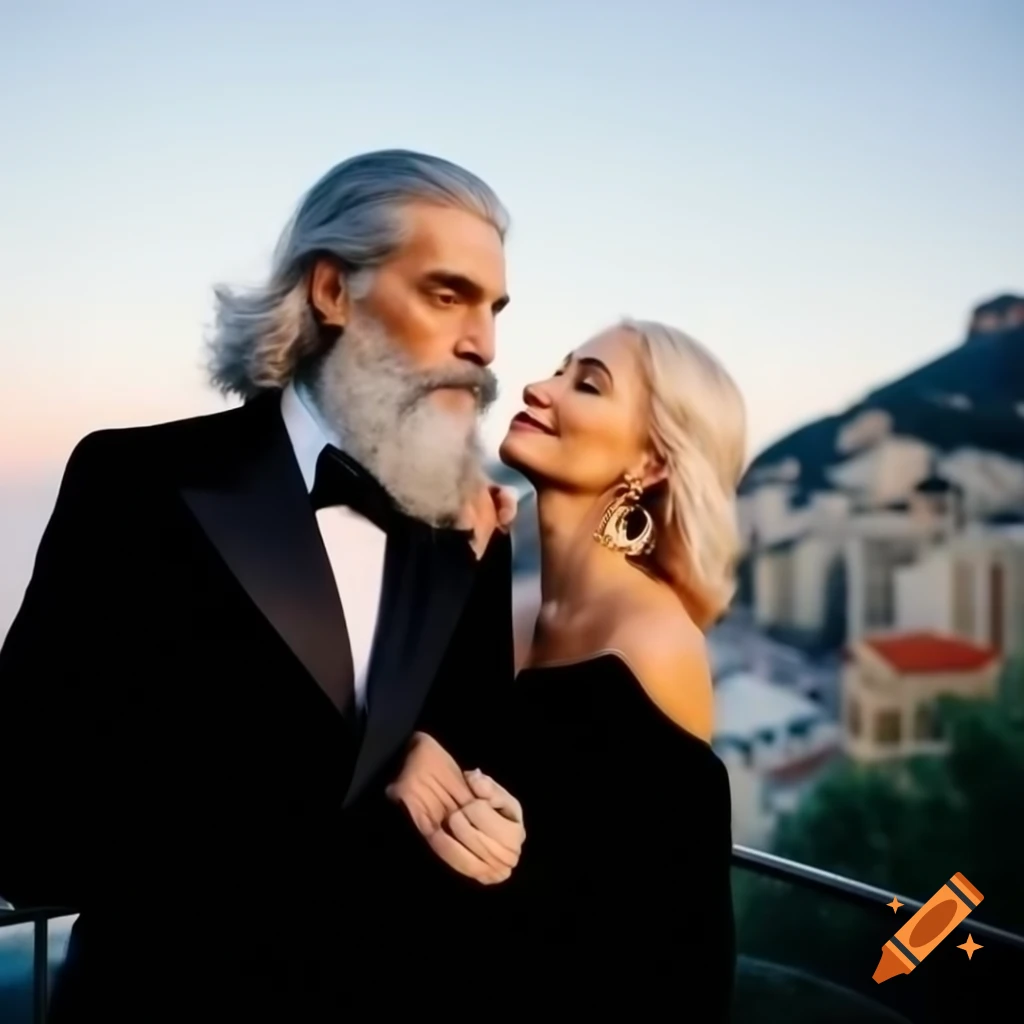 Couple in tuxedo and black gown in Monaco during golden hour on Craiyon