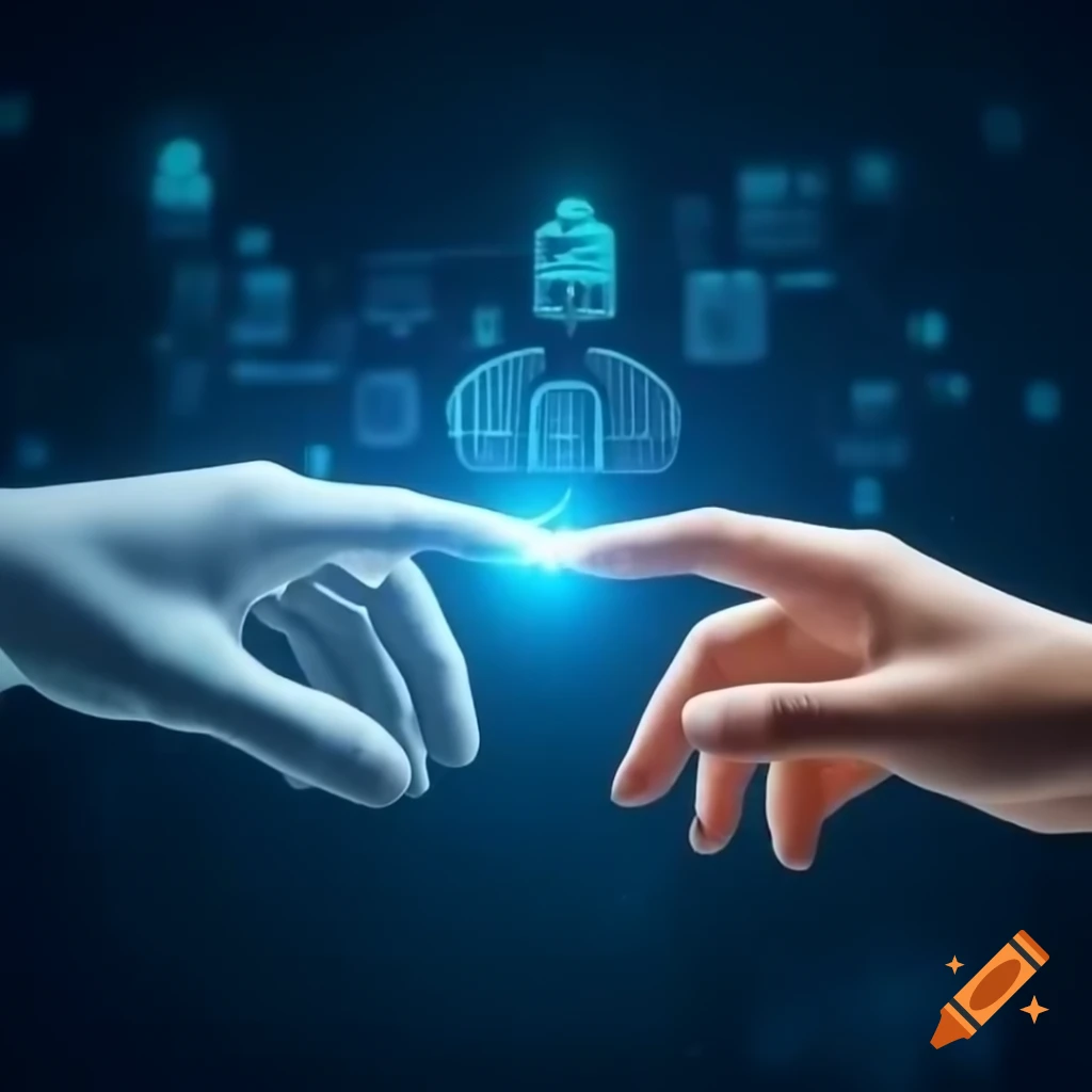 Human hand intertwined with electronic circuits symbolizing technology ...